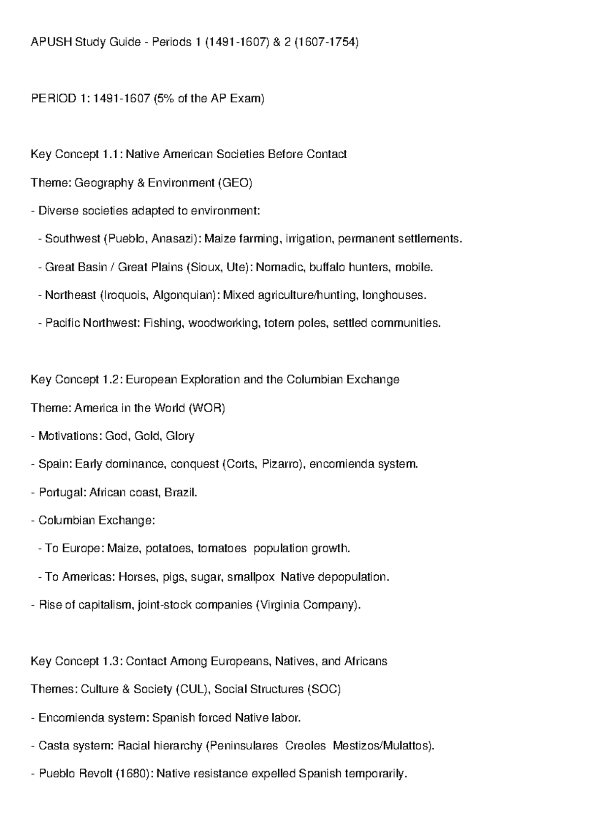 APUSH Study Guide: Periods 1 & 2 Key Concepts and Strategies - Studocu
