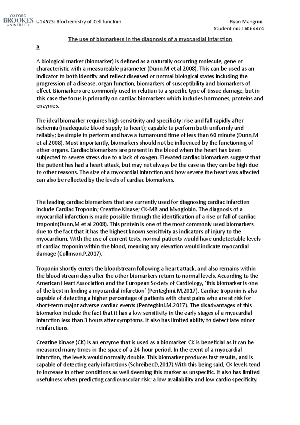 Biomarkers short essay - U14525: Biochemistry of Cell function Ryan ...
