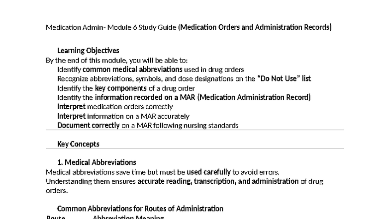 Medication Admin - Module 6 Study Guide: Orders & MARs - Studocu