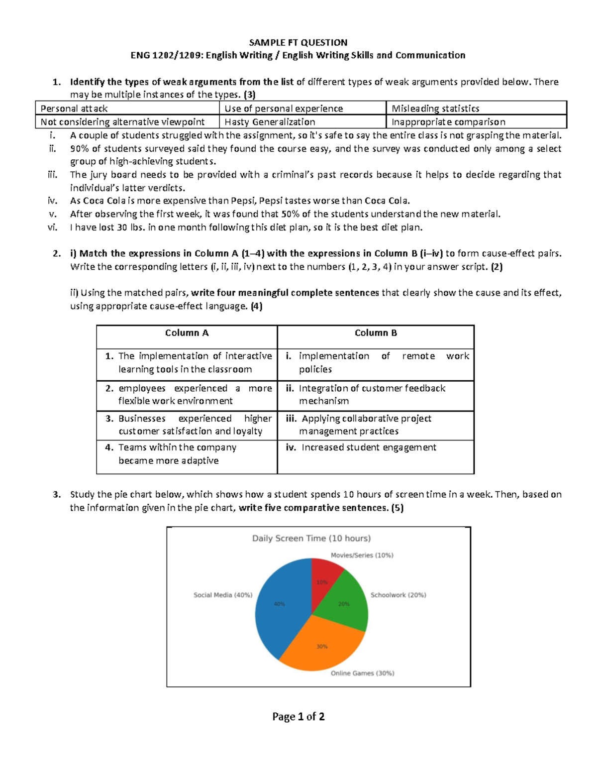Writing - Sample FT Question ENG: Weak Arguments & Sentence Matching ...