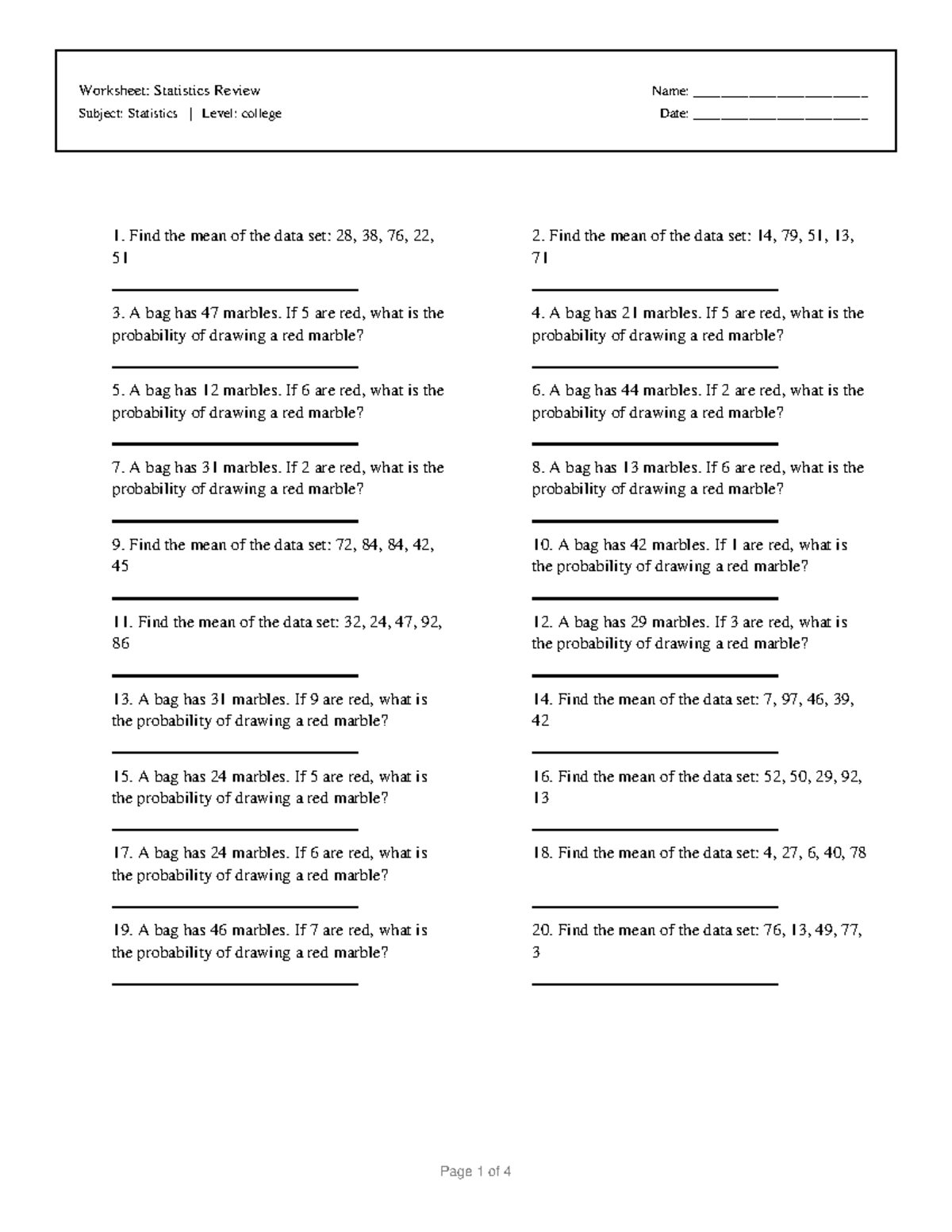 Statistics 101: Worksheet on Mean & Probability Review - Studocu