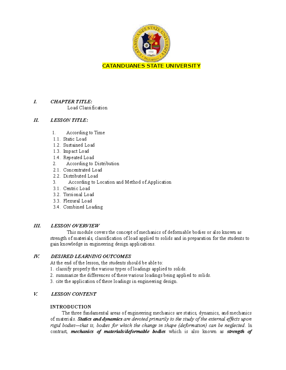 Lesson on Load Classification in Mechanics of Materials 101 - Studocu