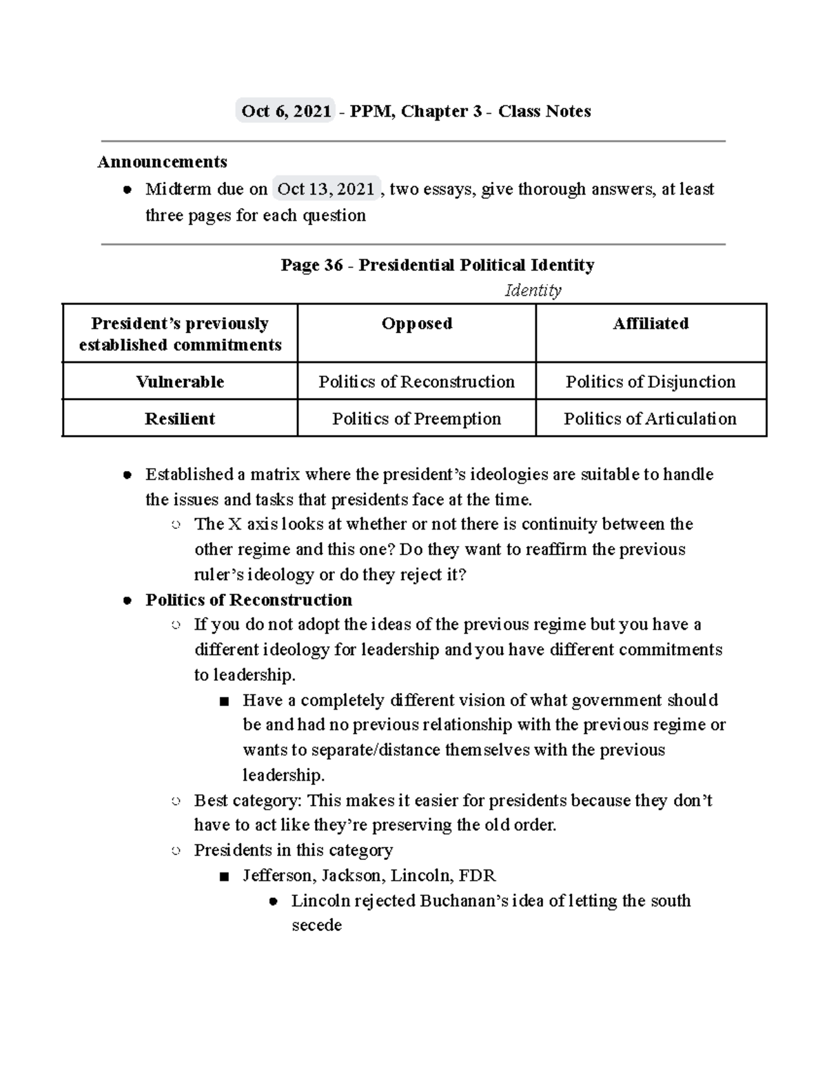 Oct 6, 2021 - Politics Presidents Make by Stephen Skowronek, Chapter 3 ...