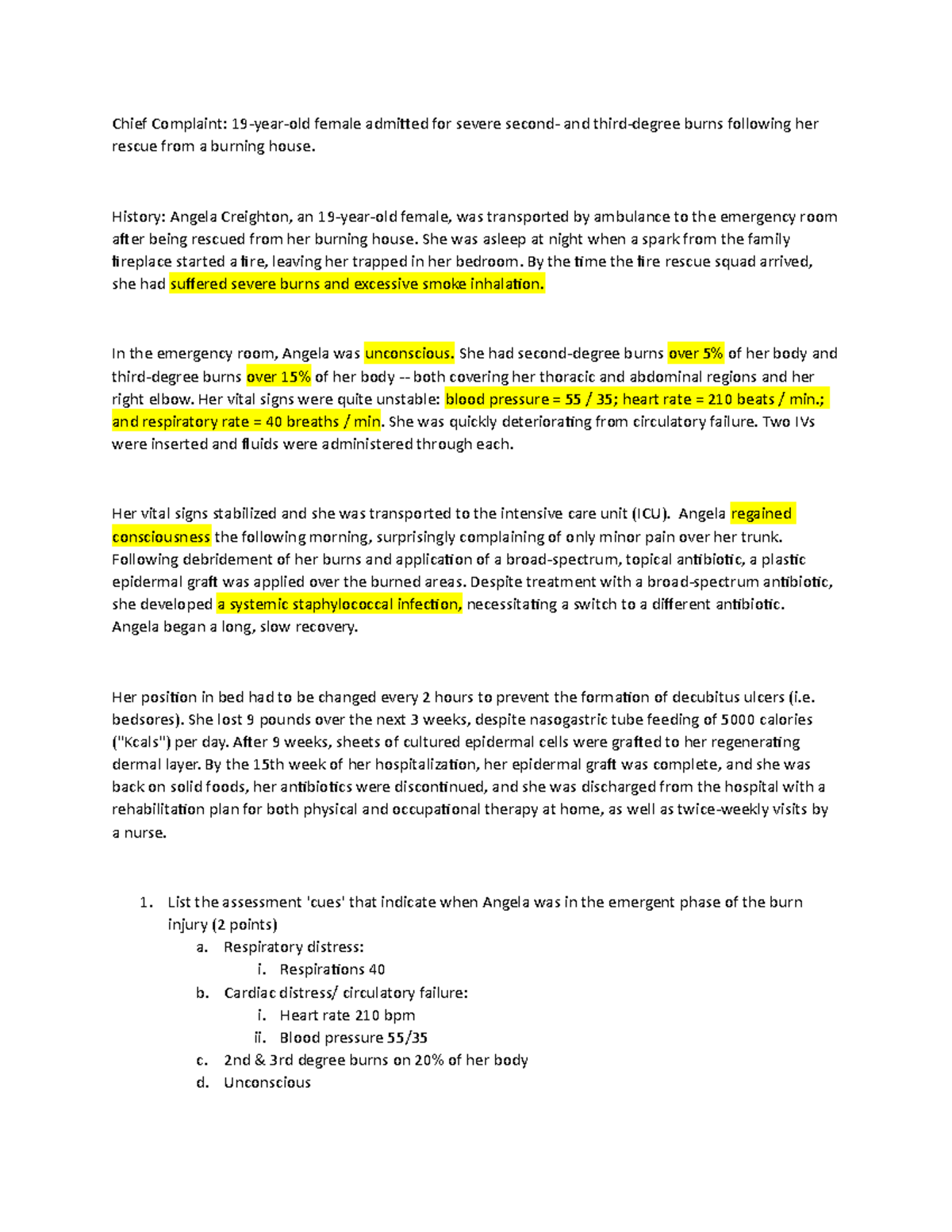 Burns Case Study: Analysis of Patient Angela Creighton's Recovery ...