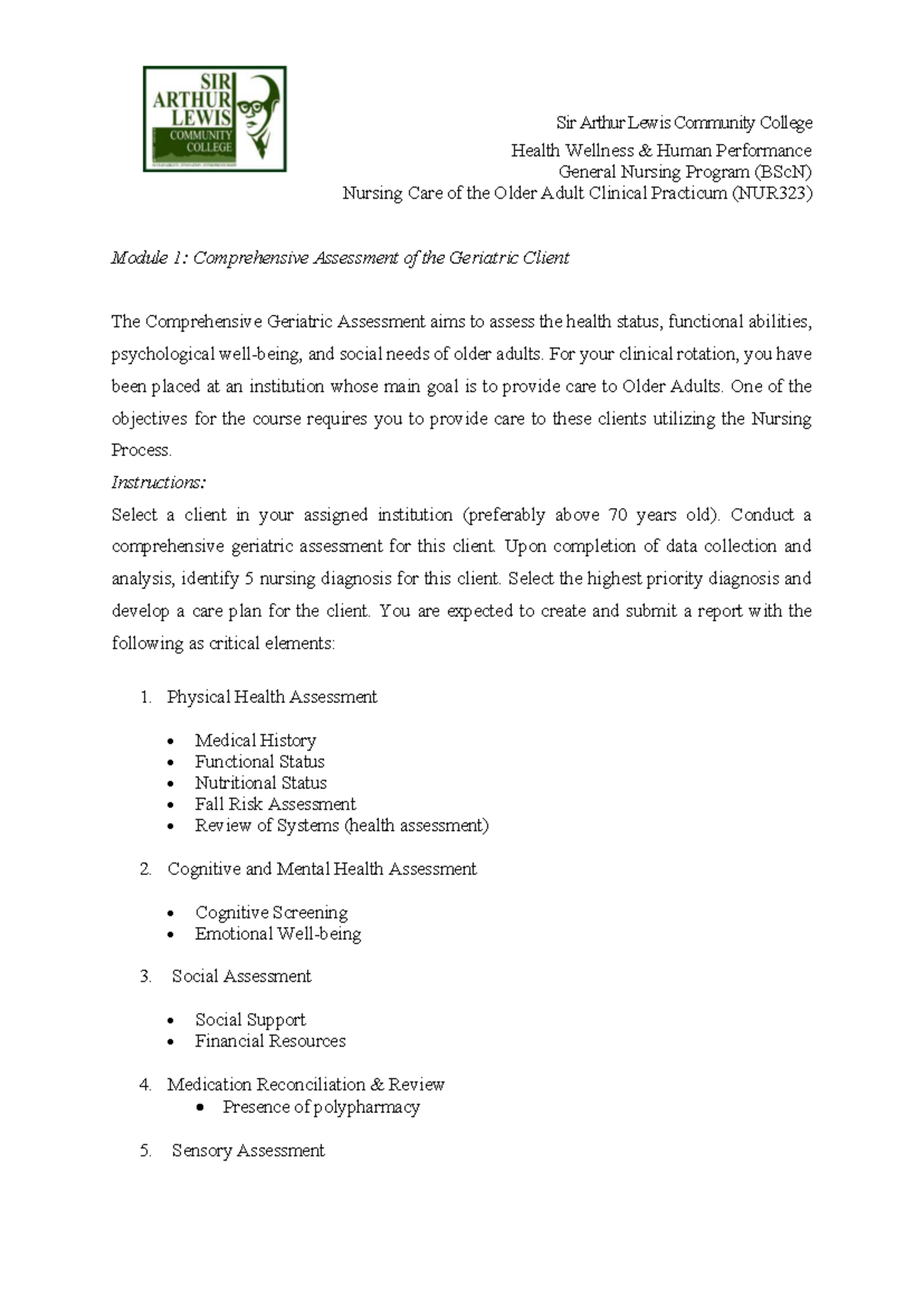 NUR323 Module 1: Geriatric Client Comprehensive Assessment Guide - Studocu