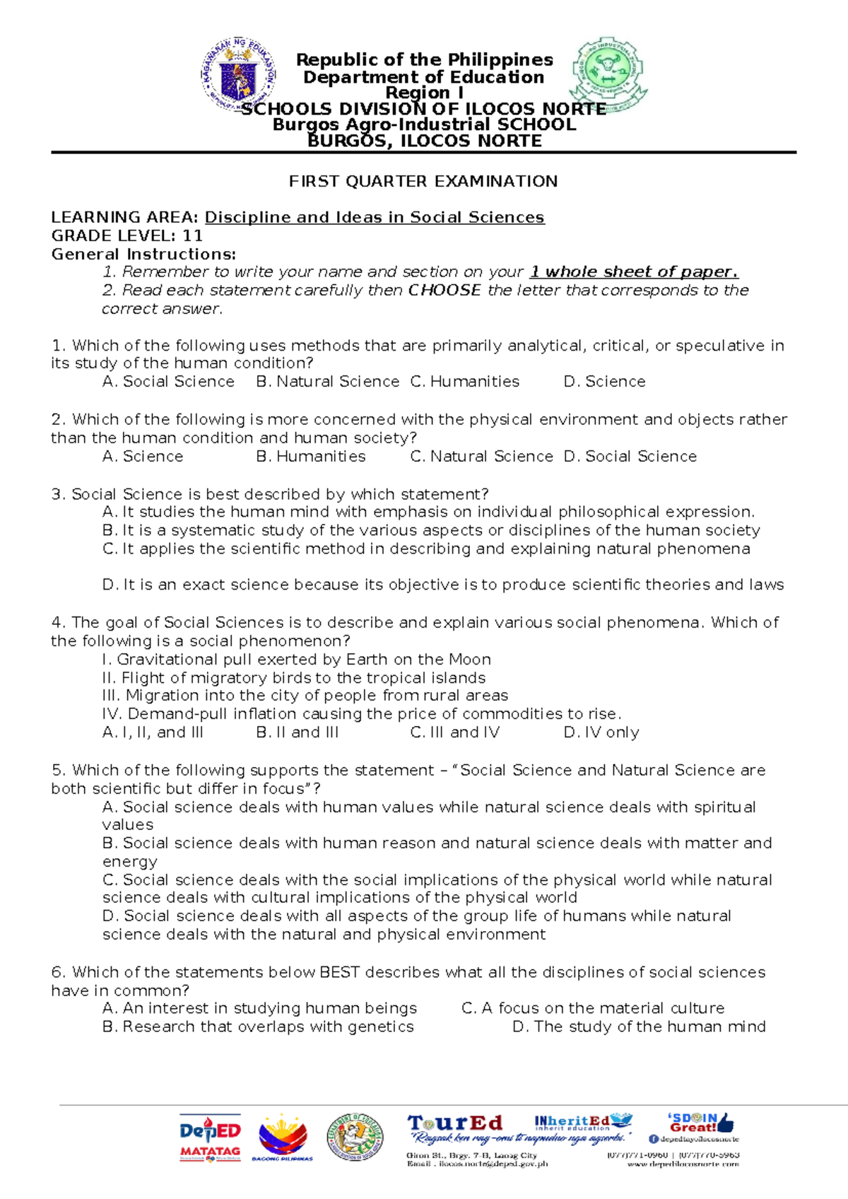 11th Grade Social Sciences 1st Quarter Exam - DISS - Studocu