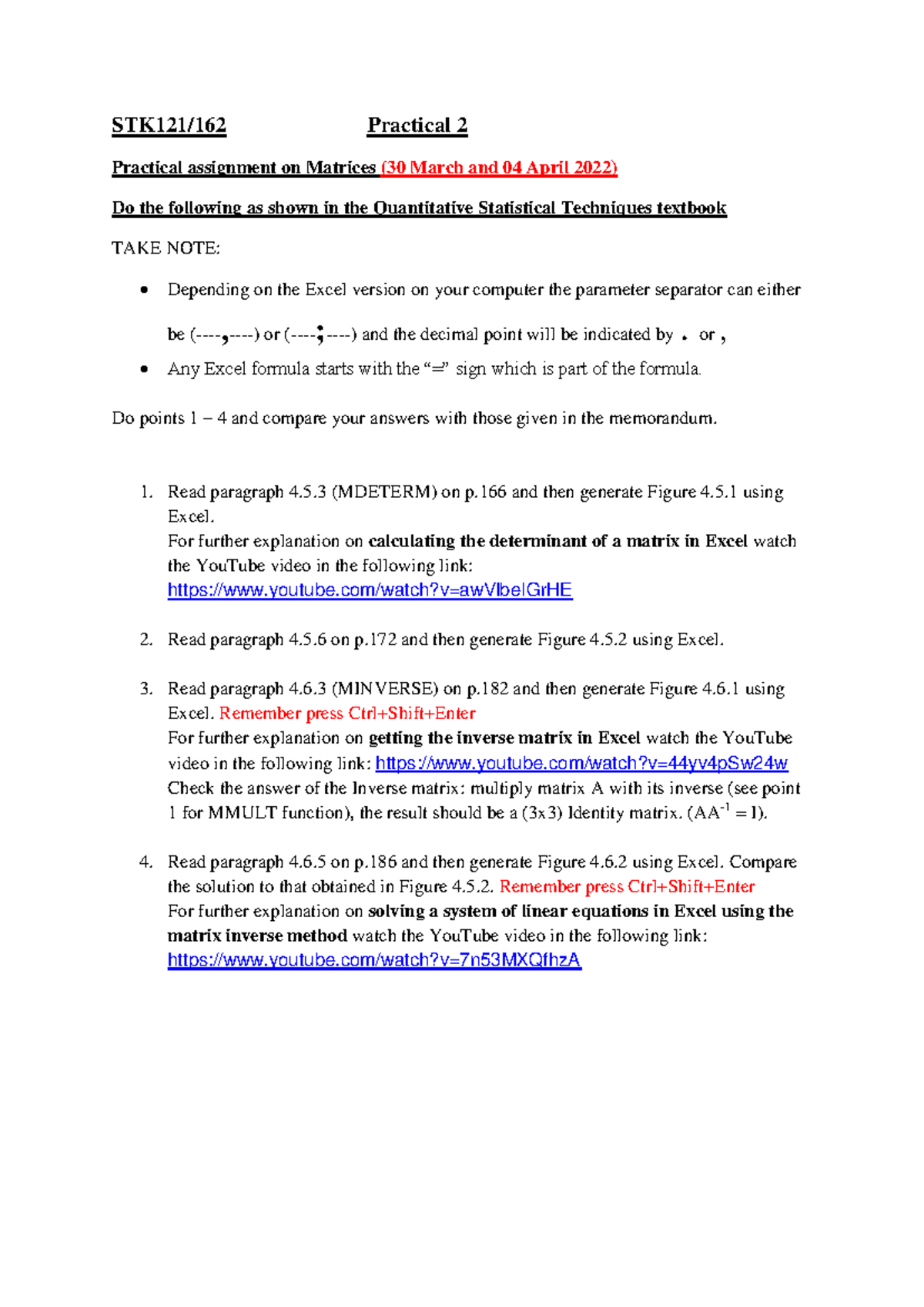 PRAC 2: Practical Assignment on Matrices and Excel Techniques - Studocu