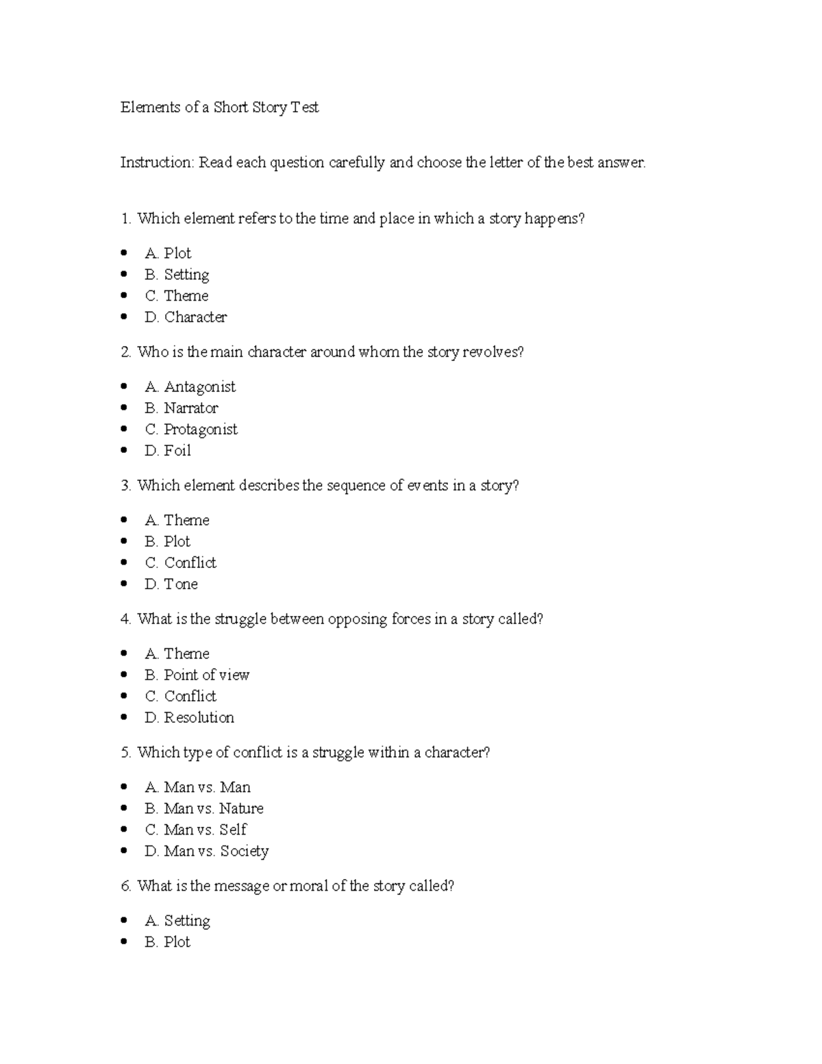 Elements of a Short Story Test - Studocu