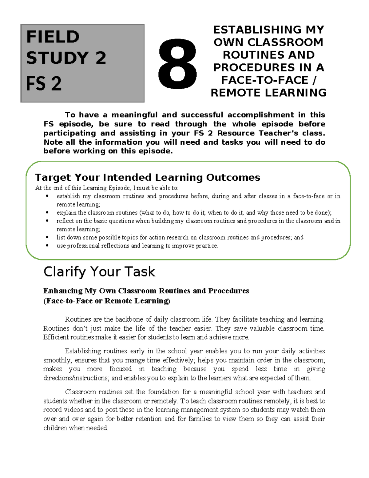 FS 2 Learning Episode 8: Establishing Classroom Routines in Remote ...