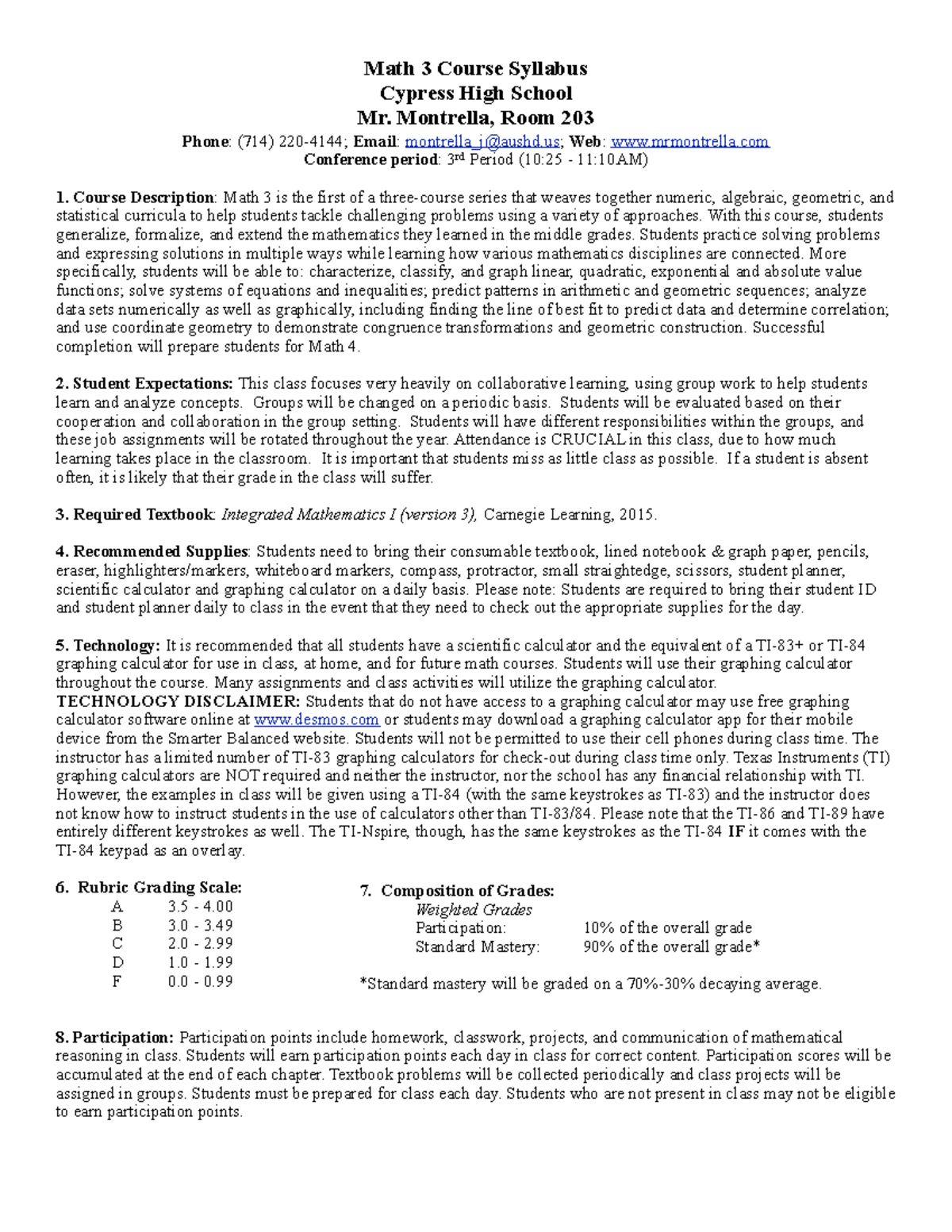 Math 3 Course Syllabus - Cypress High School (2015) - Studocu