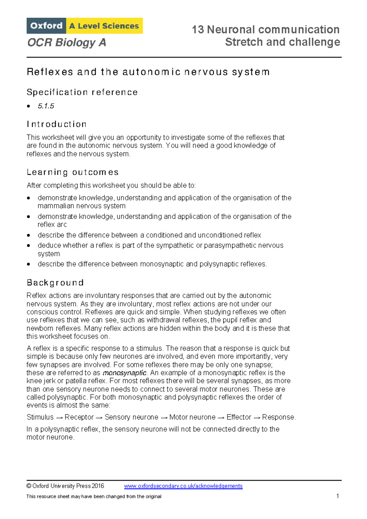 Reflexes and the Autonomic Nervous System - OCR Biology A Worksheet ...