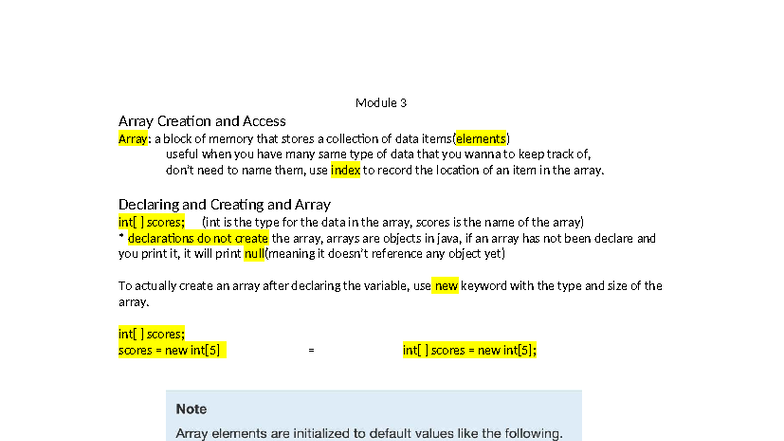 Module 3 - Array Creation & Access Notes - Studocu