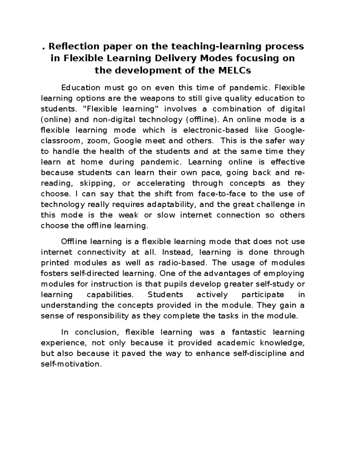 Reflection paper on the teaching-learning process in Flexible Learning ...