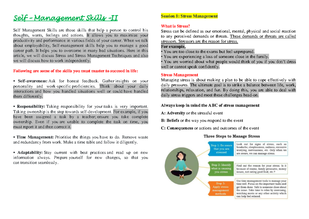 Self Management Skills: Stress Management Techniques for Class 10 - Studocu