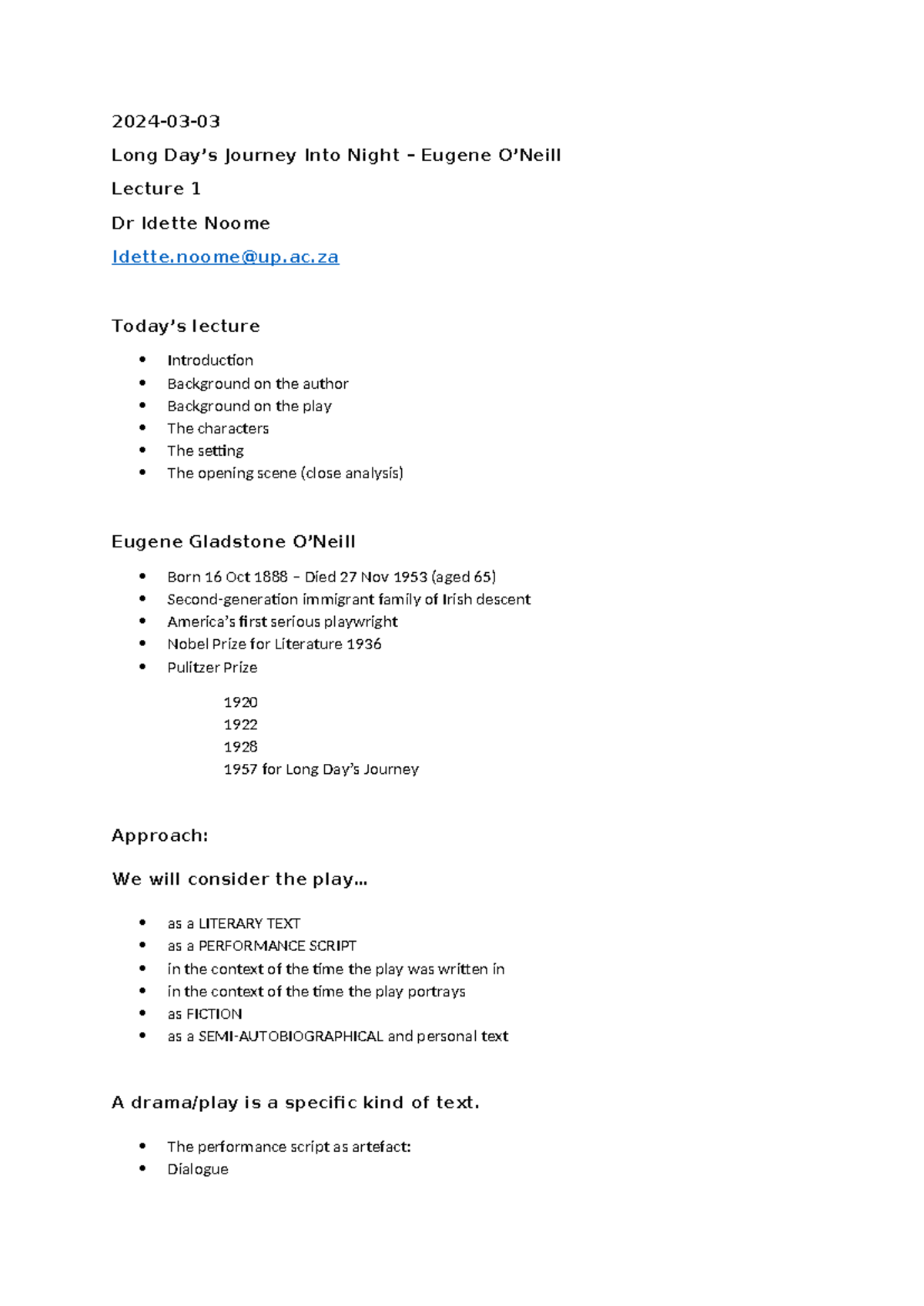 Lecture 1: Long Day’s Journey Into Night - Eugene O'Neill Overview ...