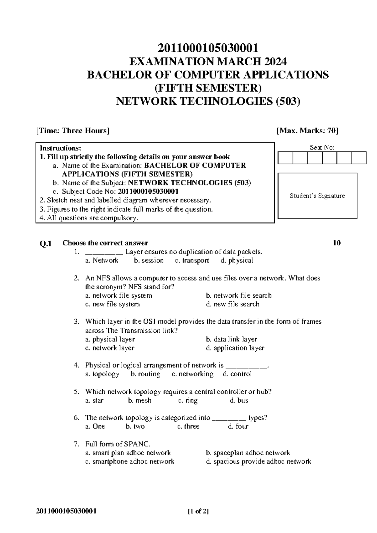 NT 503 - March 2024 BCA 5th Sem Exam on Network Technologies - Studocu