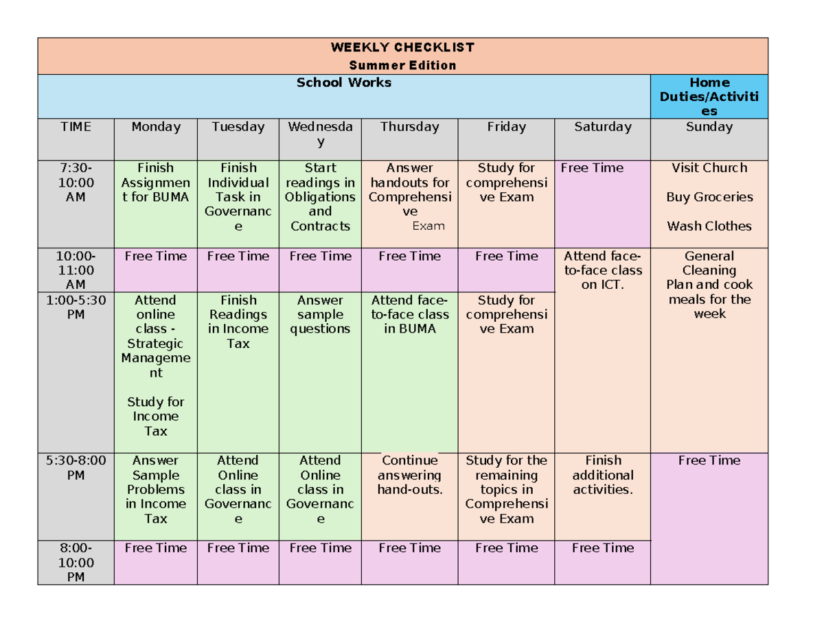 Weekly Checklist for Summer School Works (BUMA, ICT, Governance) - Studocu