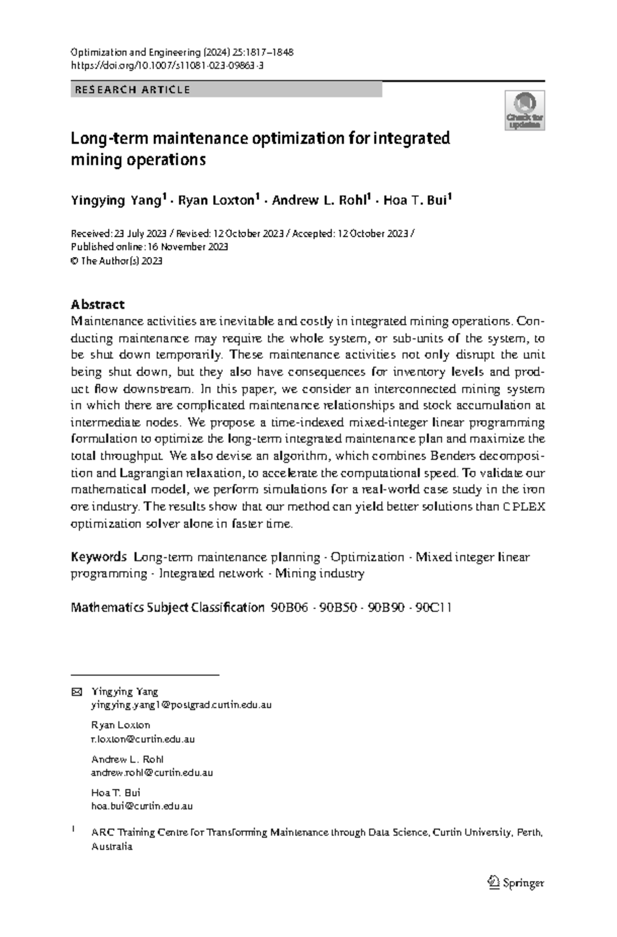 Maintenance Optimization for Integrated Mining Operations (ENGG 2024 ...