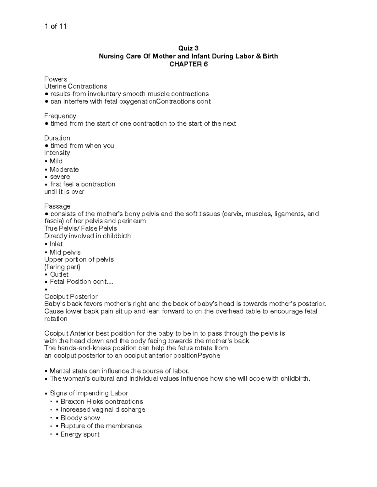 Quiz 3 Nursing Care of Mother and Infant During Labor & Birth - Studocu