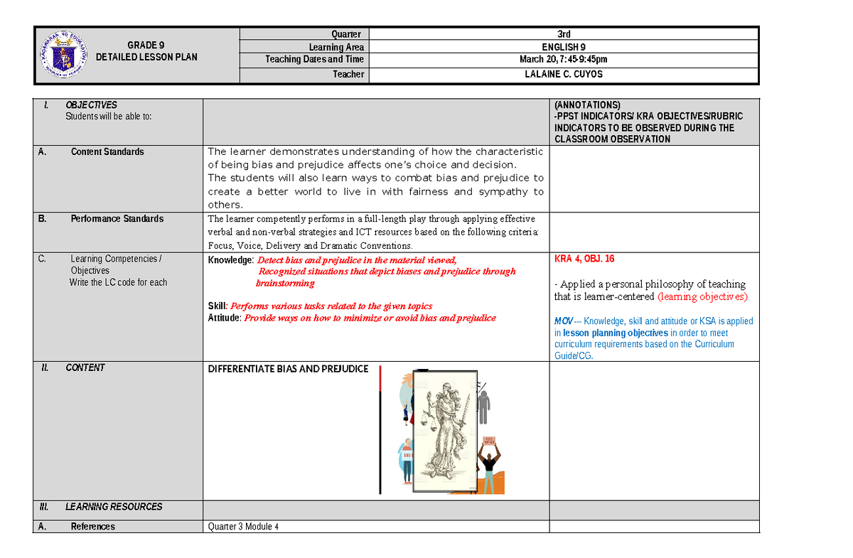 Grade 9 English 9 Detailed Lesson Plan: 3rd Quarter on Bias and ...