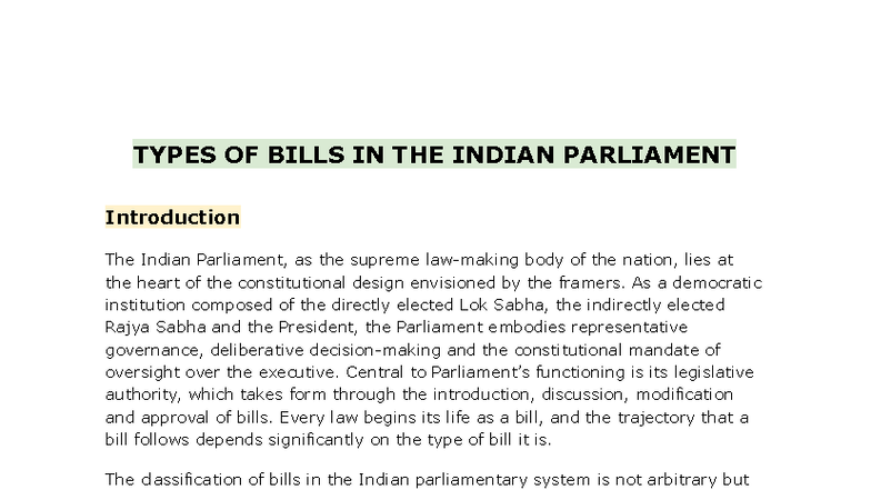 Types of Bills in the Indian Parliament: A Comprehensive Overview - Studocu