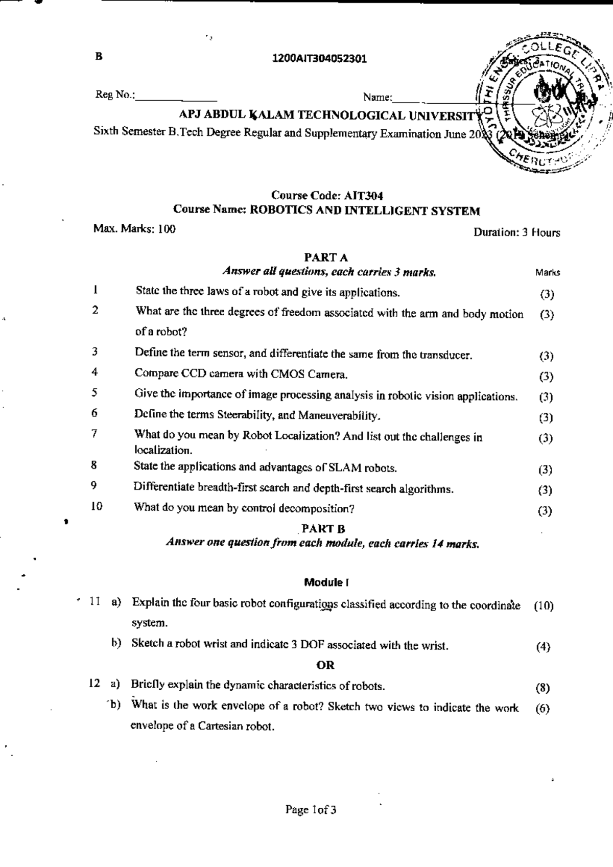 AIT304 ROBOTICS AND INTELLIGENT SYSTEMS - JUNE 2023 Question Paper ...