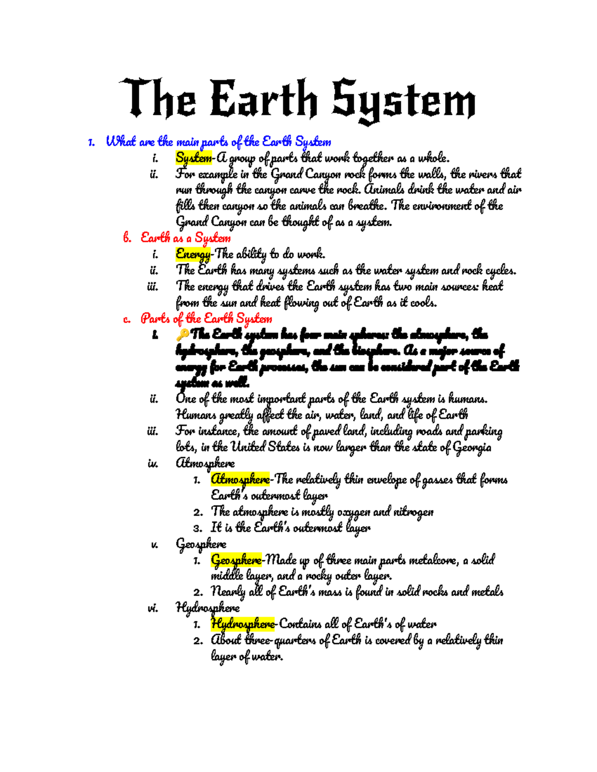 1.1 notes - The Earth's Systems - The Earth System Wha ar th mai pa t ...