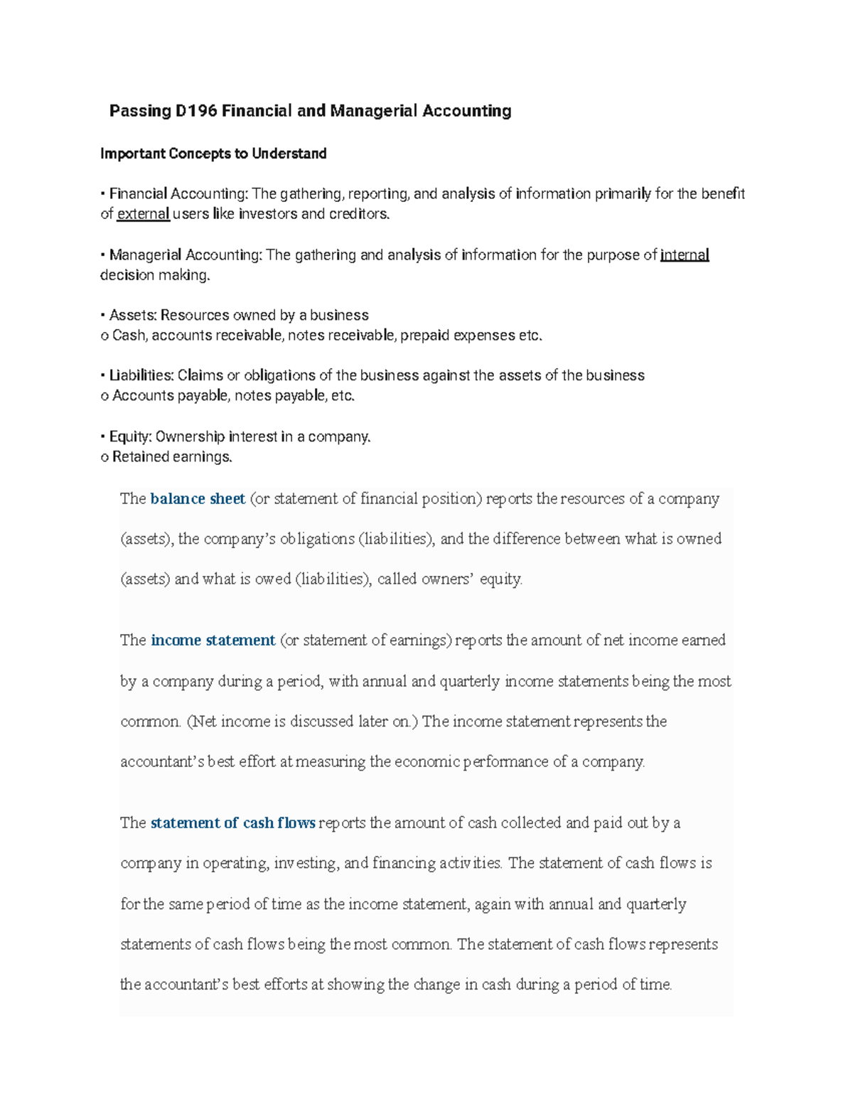 D196 Study Guide: Key Concepts for Financial & Managerial Accounting ...