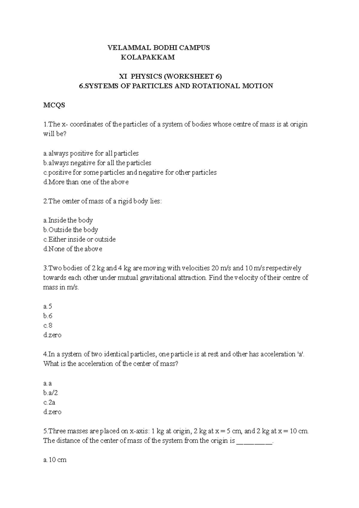 XI Physics (Worksheet 6) - Systems of Particles & Rotational Motion ...