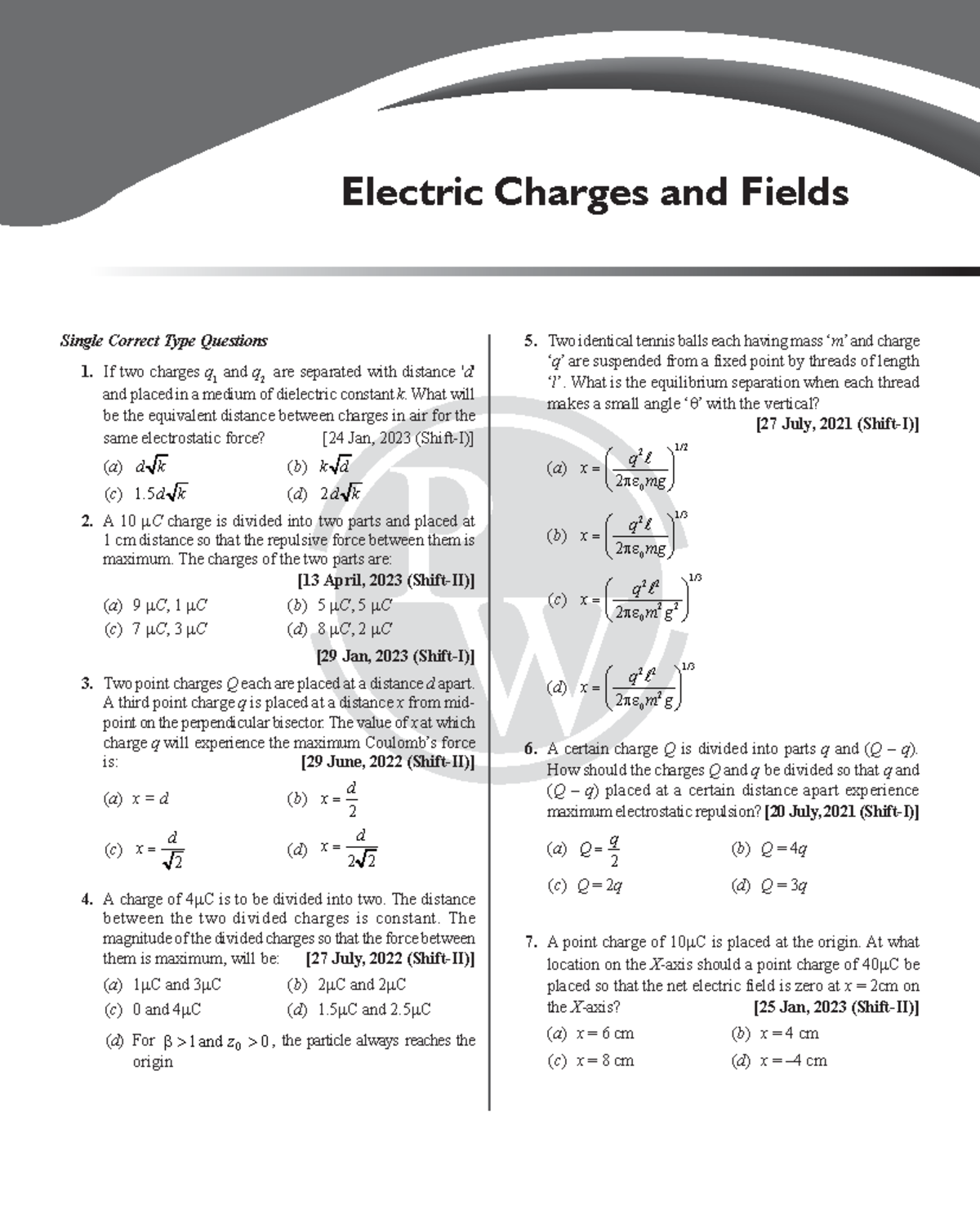 Electric Charges and Fields: JEE PYQs Practice Sheet - Studocu