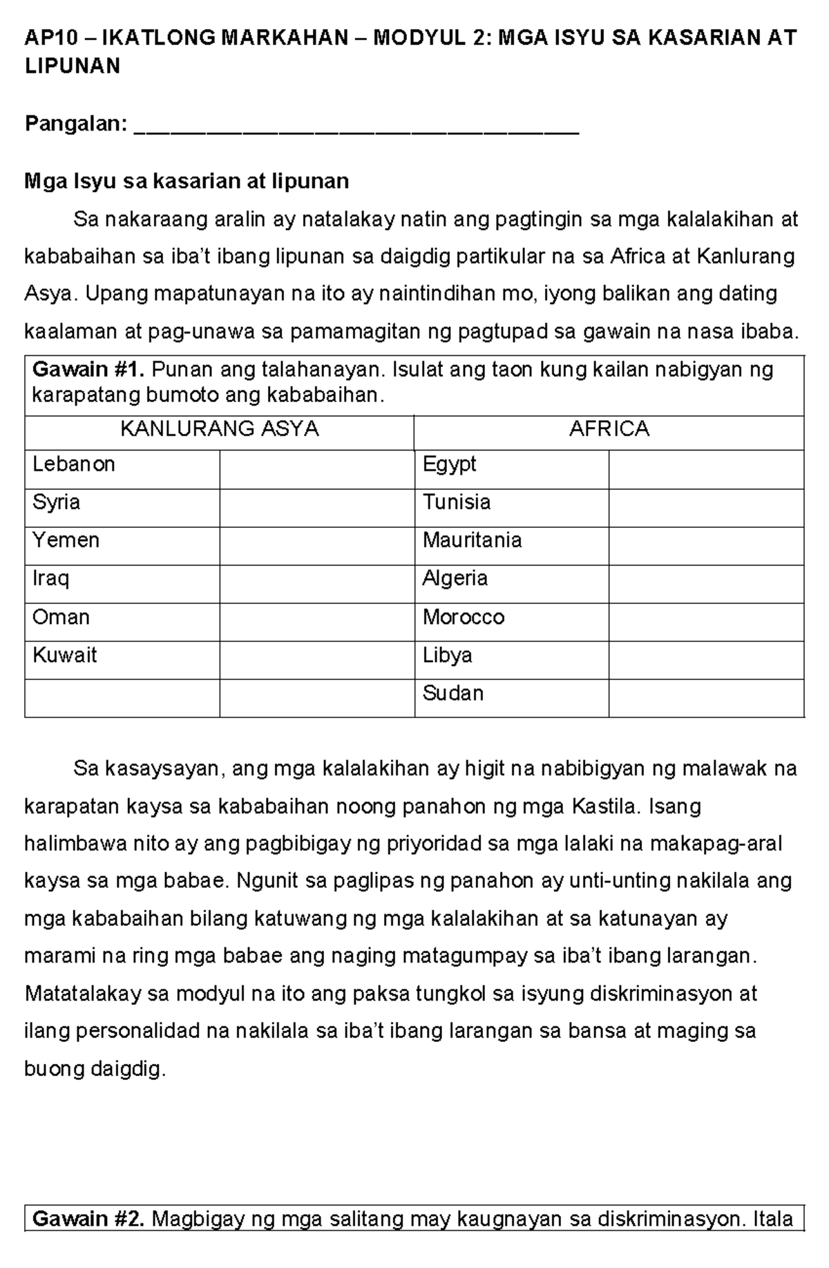 AP10 Module #2 3rd Quarter: Gender Issues and Society Insights - Studocu