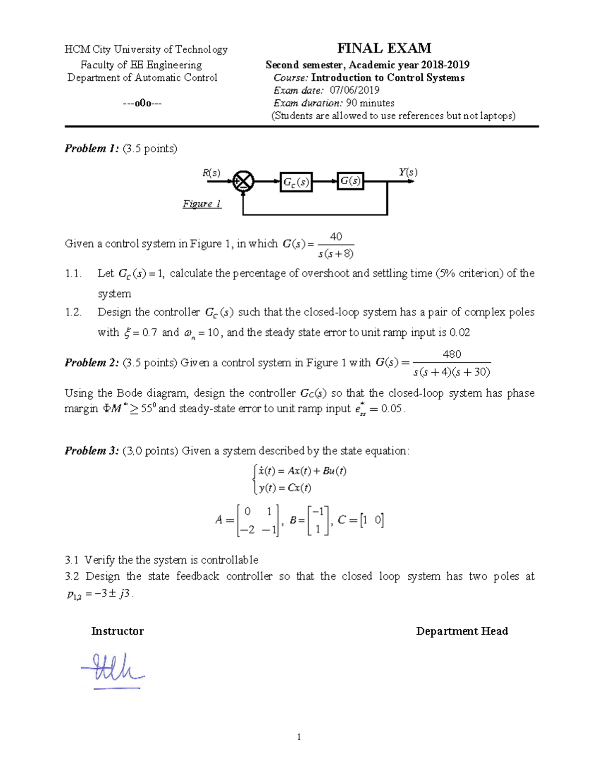 FINAL EXAM EE 182: Introduction to Control Systems Solutions - Studocu
