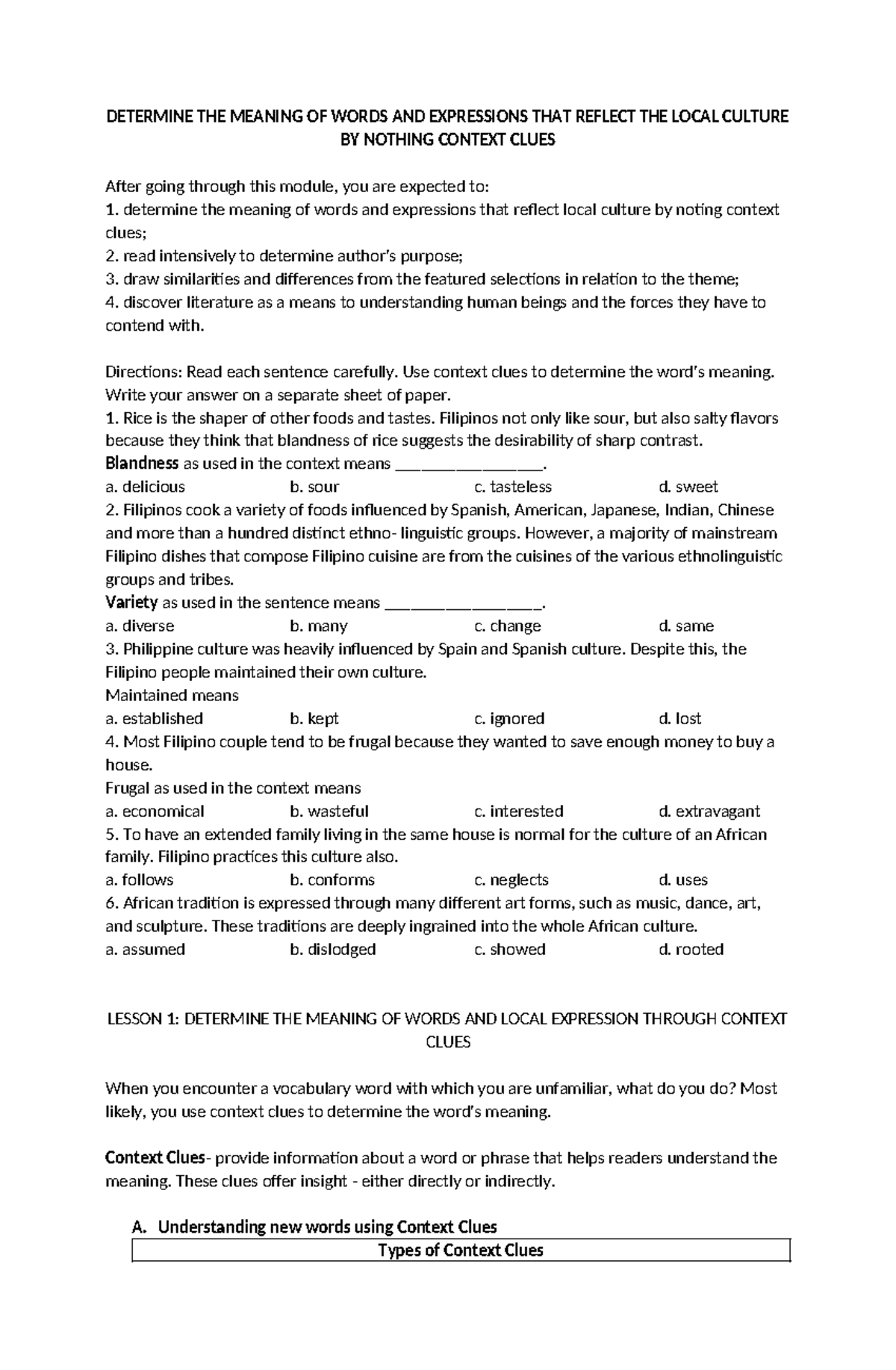 Q1, L1: Understanding Local Culture Through Context Clues (Grade 8 ...