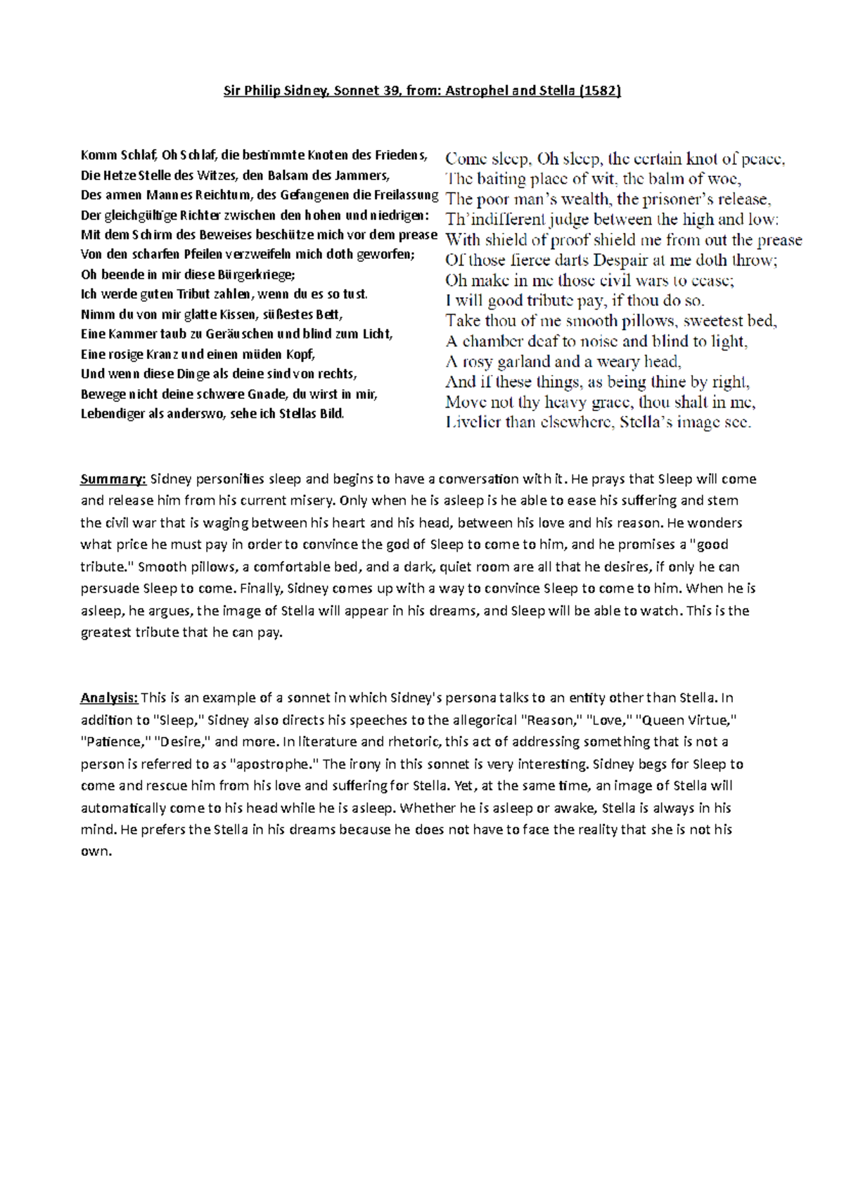 Lyrikbeispiele summery - Sir Philip Sidney, Sonnet 39, from: Astrophel ...