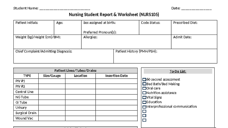 NURS105 Clinical-1 Student Report Worksheet - Studocu