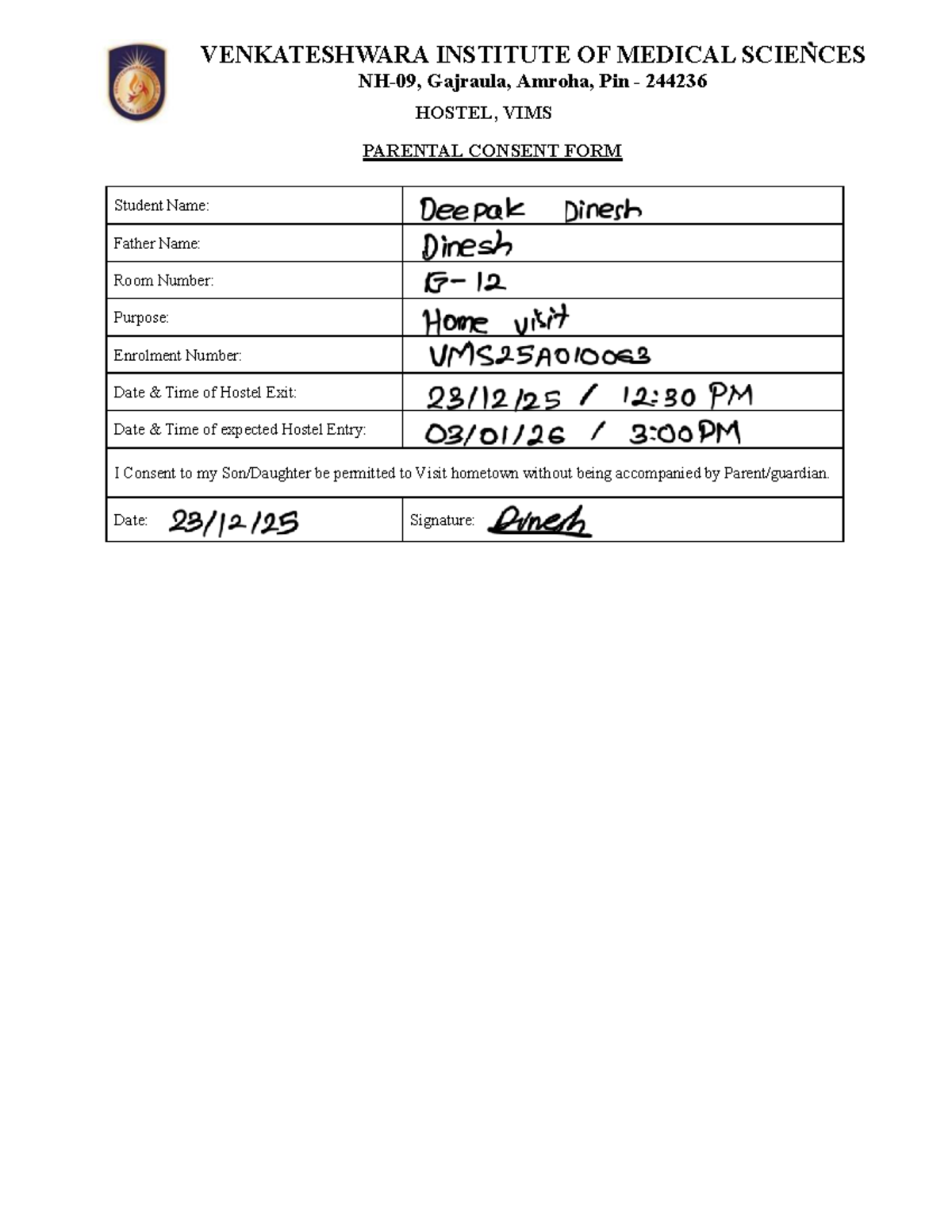 Parental Consent FORM - 2025 - Medicine - VENKATESHWARA INSTITUTE OF ...