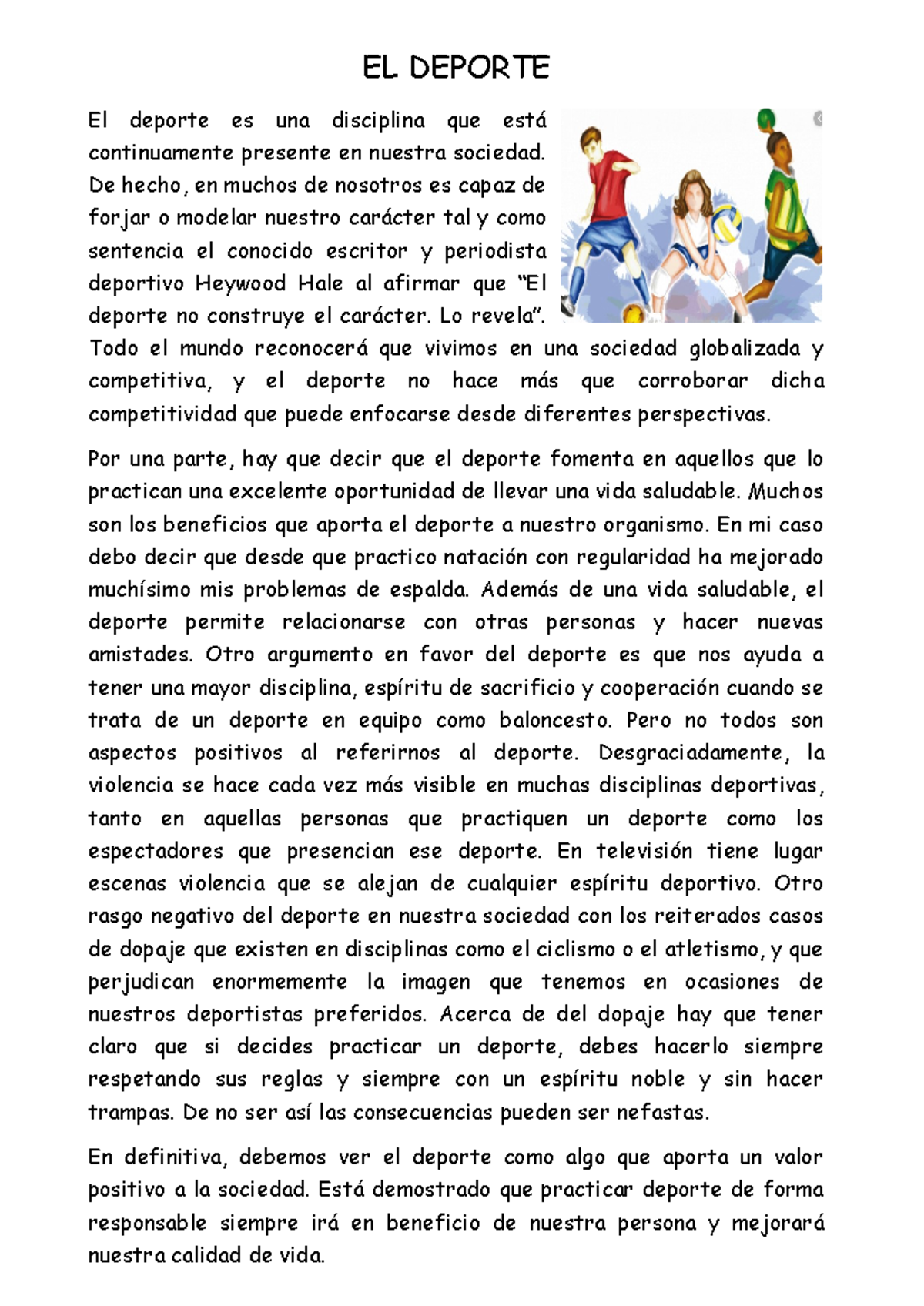 EL DEPORTE: TEXTO ARGUMENTATIVO Y FICHA DE COMPRENSIÓN - Studocu