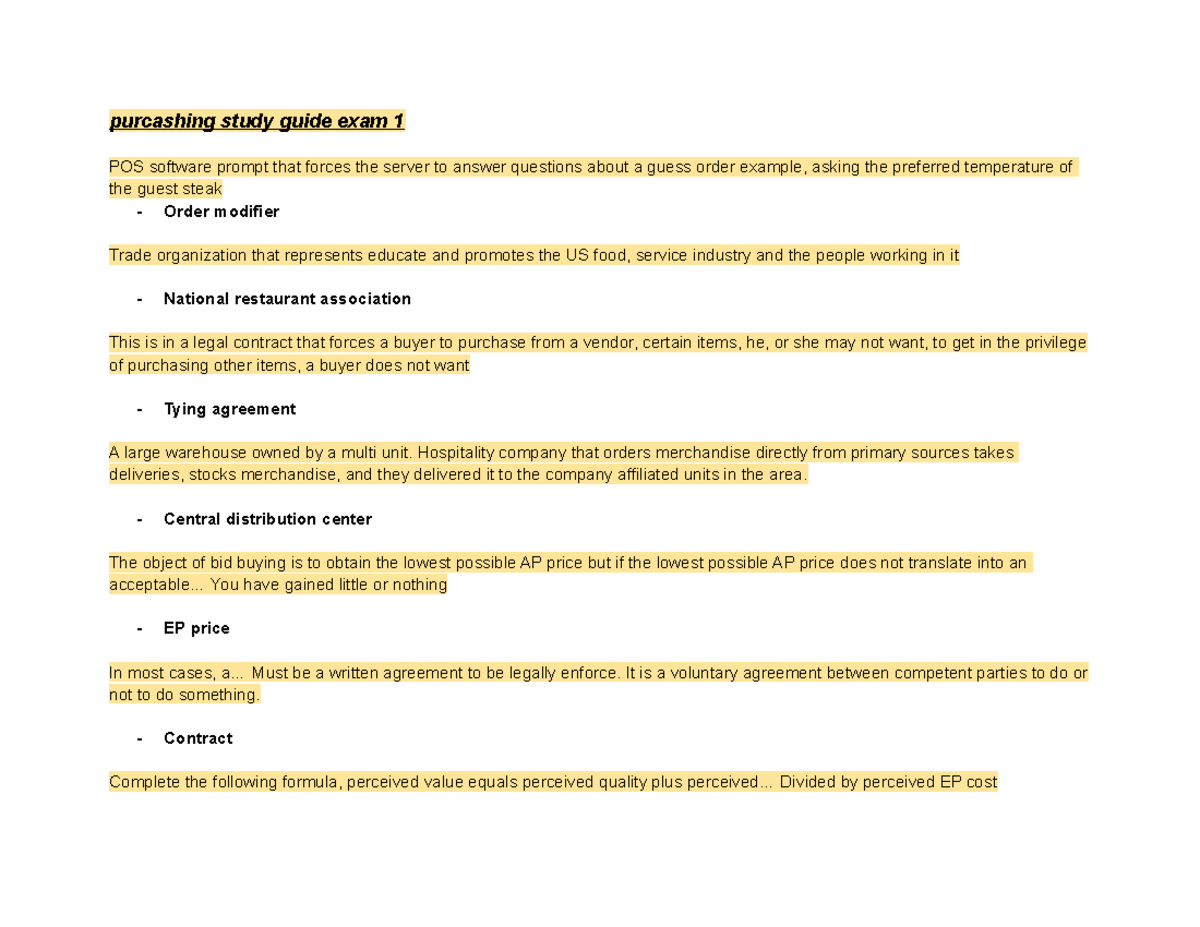 Purchasing Study Guide for Exam 1: Key Concepts and Definitions - Studocu
