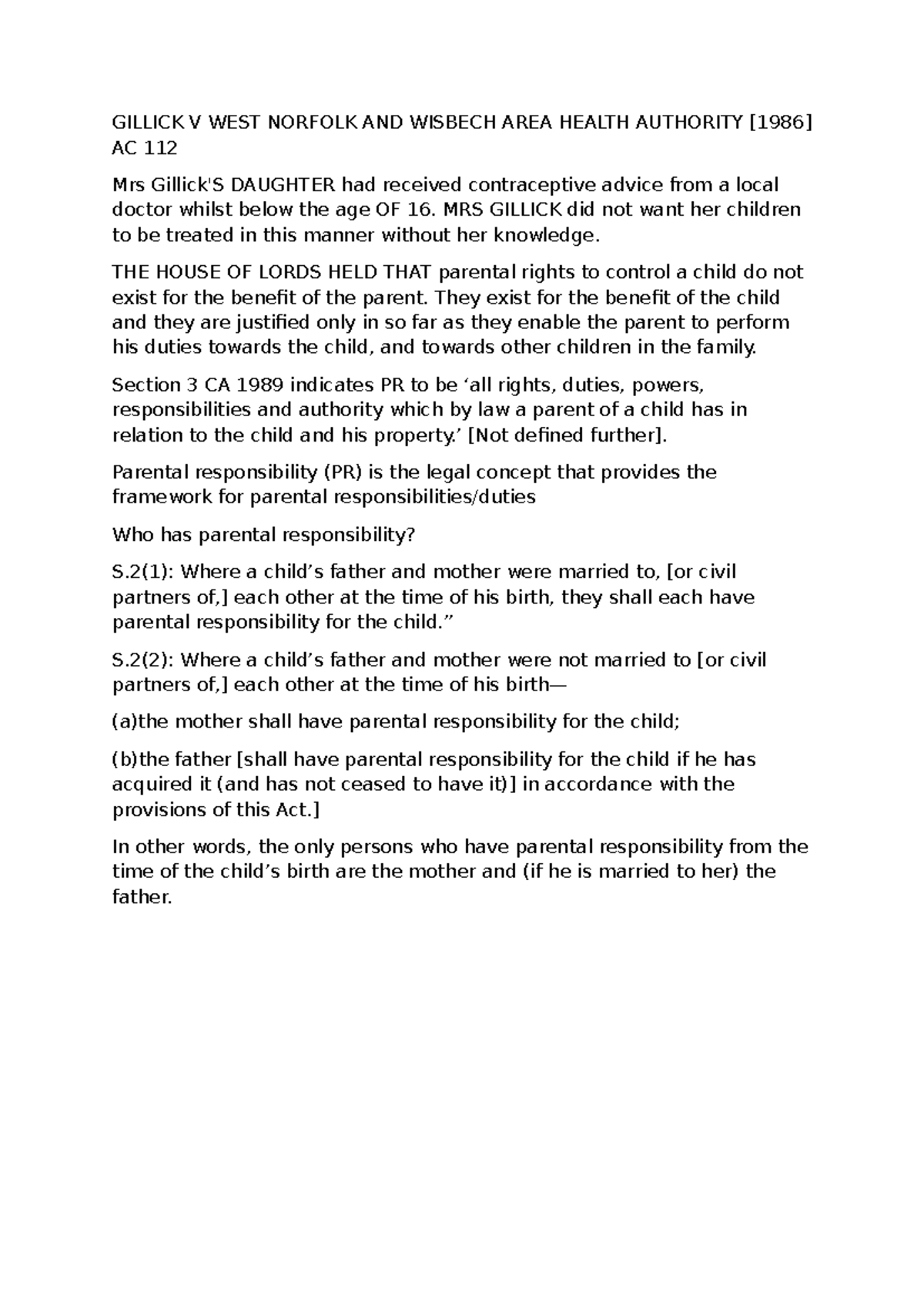 GILLICK V WEST NORFOLK: Child Protection Law & Policy Cases - Studocu