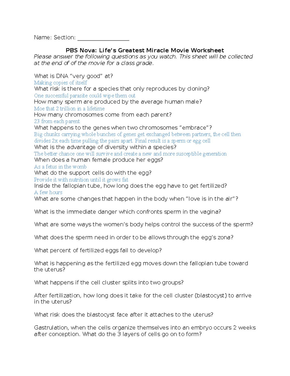 Life's Greatest Miracle Worksheet - Name: Section ...