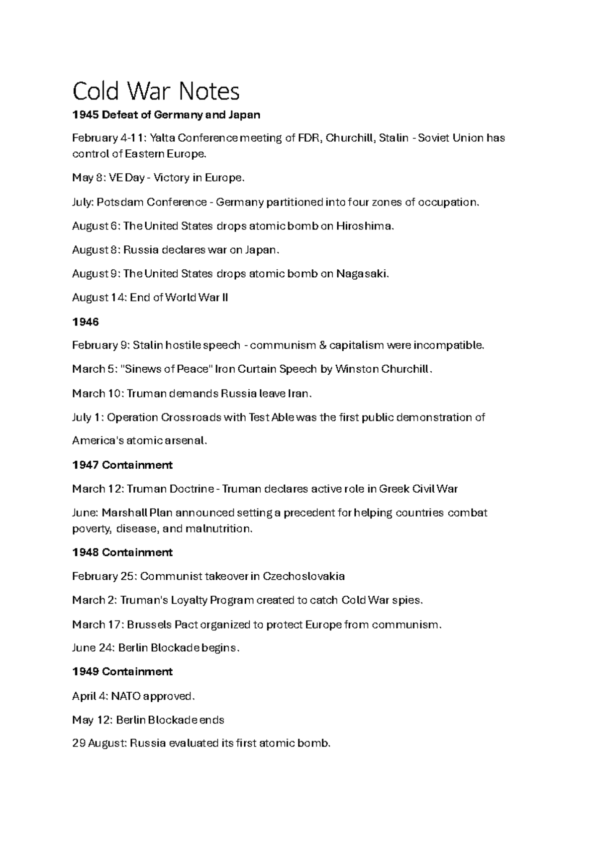 History - This concerns the key dates of the Cold War. - Cold War Notes ...