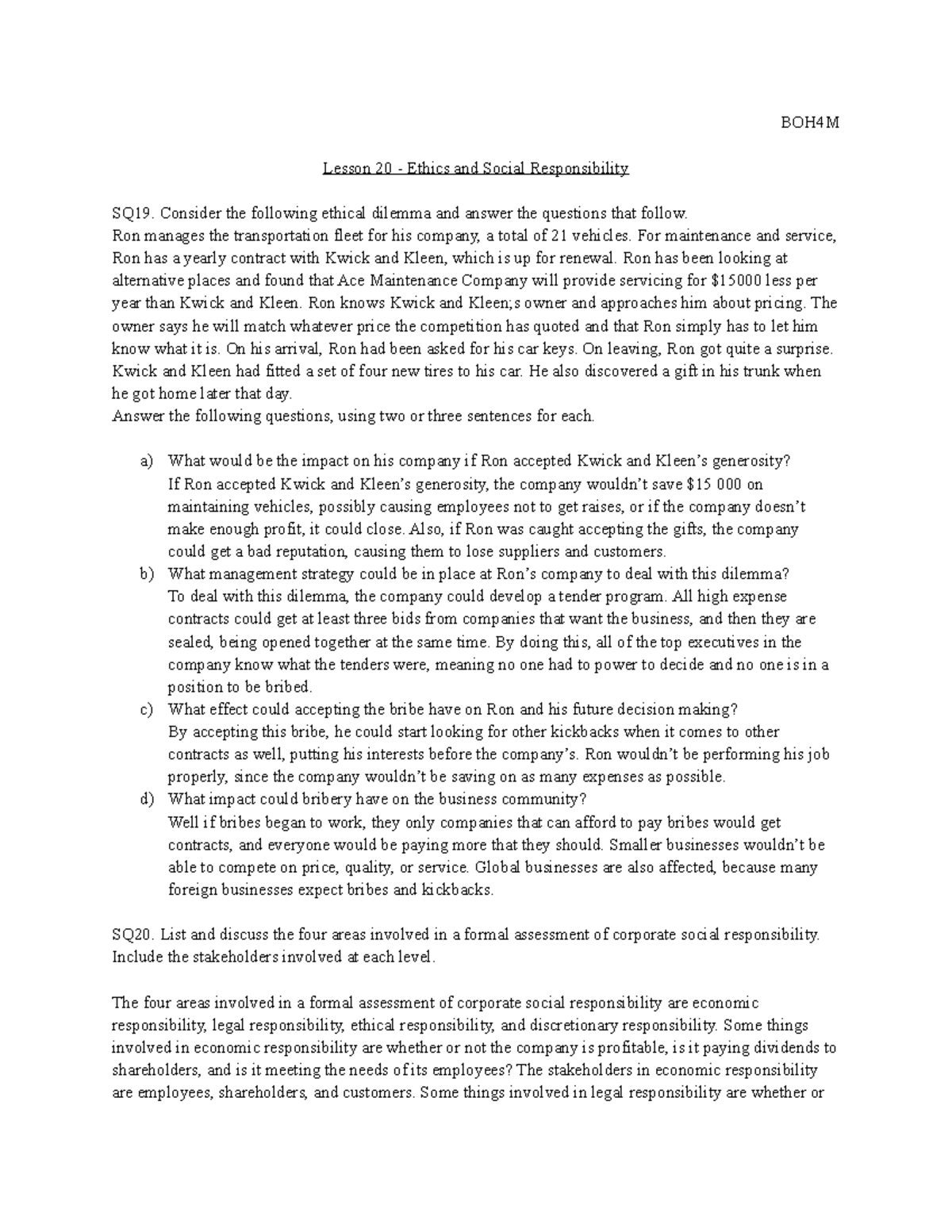 BOH4M Lesson 20: Exploring Ethics and Social Responsibility in Business ...