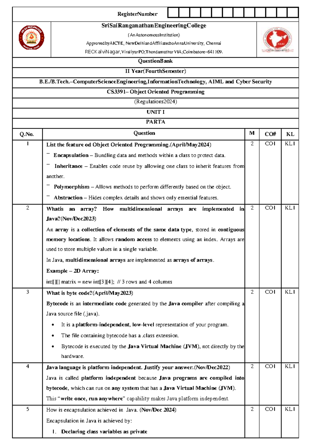 OOPS Question Bank (AICTE 2024) - Object Oriented Programming Concepts - Studocu