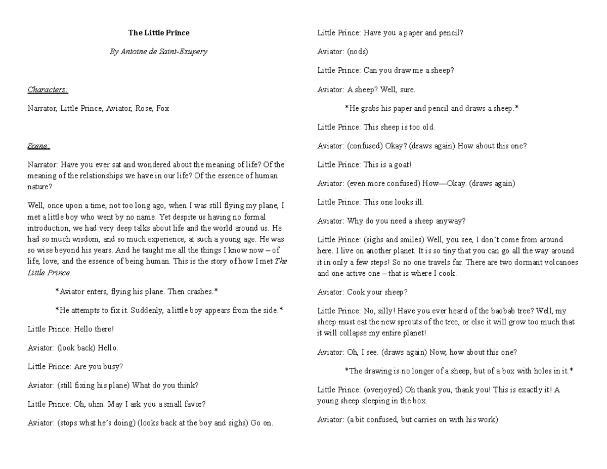 The Little Prince (Role Play Script) - A Journey Through Life and Love ...