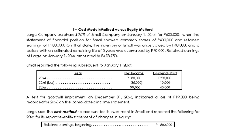 Cost vs Equity Method Analysis: Large Co. Acquires Small Co. (FIN 101 ...