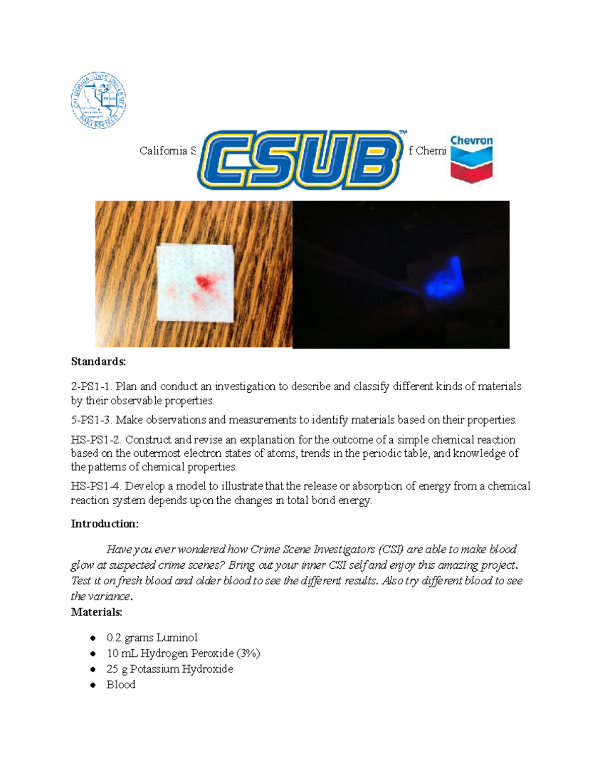 Luminol Blood Detection Experiment: Investigating Observable Properties ...
