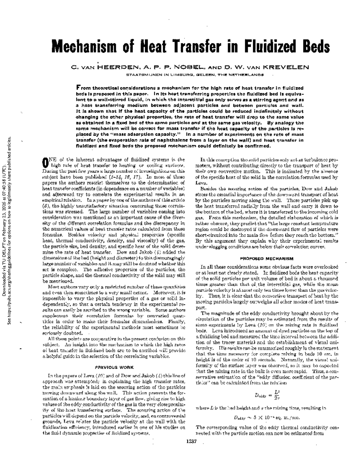 Mechanism of Heat Transfer in Fluidized Beds: Insights and Experiments ...