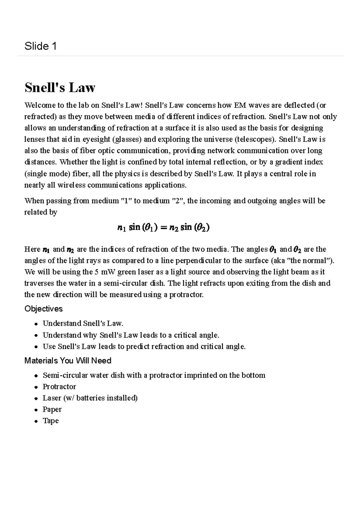 Phys2 10 - Snell's Law Lab: Understanding Refraction and Angles - Studocu