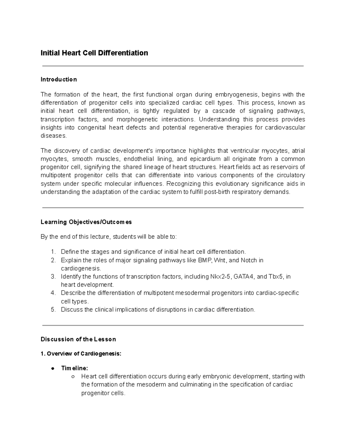 Devbio Lecture Notes - developmental biology - Initial Heart Cell ...