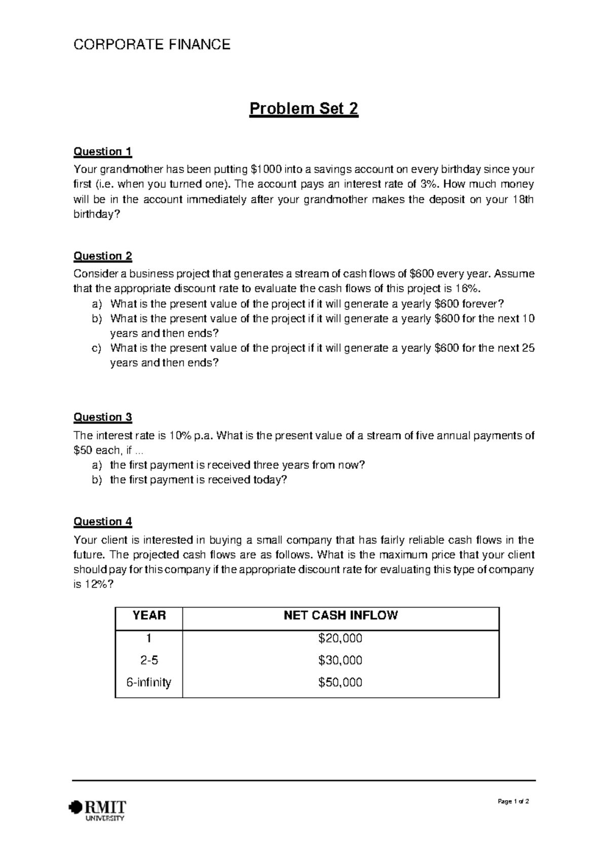 CORPORATE FINANCE Problem Set 2: Cash Flow & Present Value Analysis ...